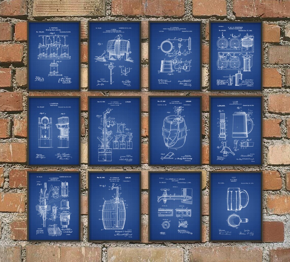 Beer Brewing Patent Prints Set of 12, Home Bar Wall Art, Brewery Poster ...