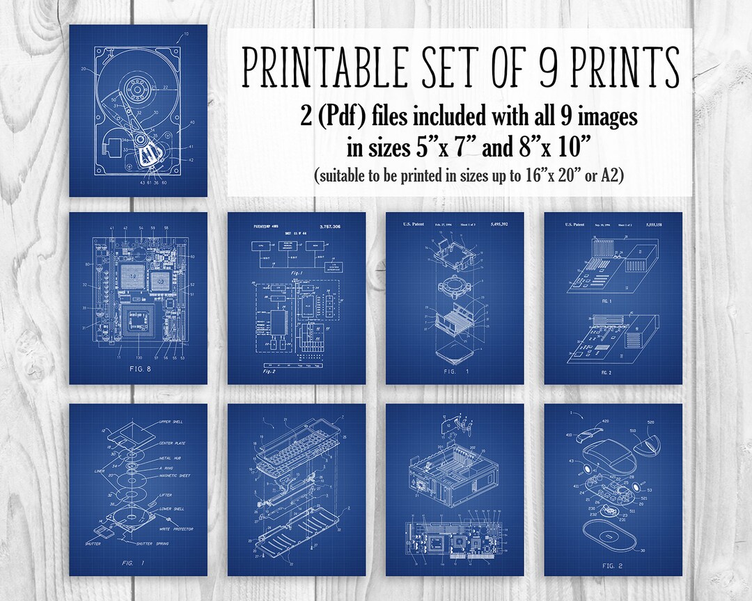 PRINTABLE Set of 9 Computer Blueprint Patent Images, Technology Wall ...
