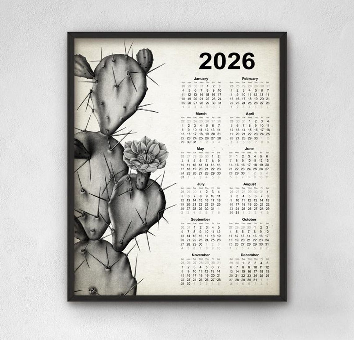 Cactus Calendar 2026, Vintage Cactus Plant Wall Art, Botanical Poster ...
