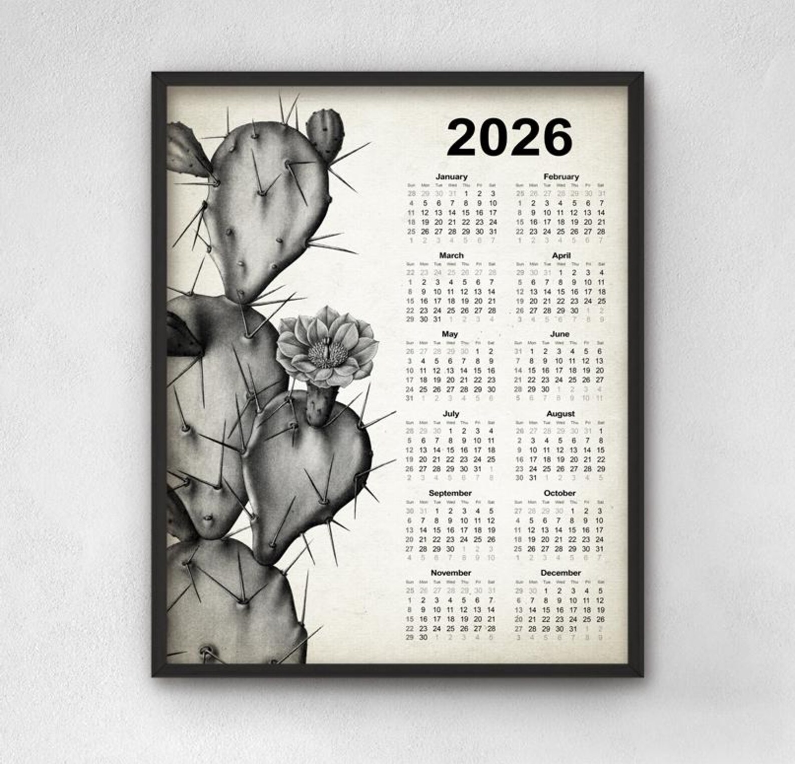 Cactus Calendar 2026, Vintage Cactus Plant Wall Art, Botanical Poster ...