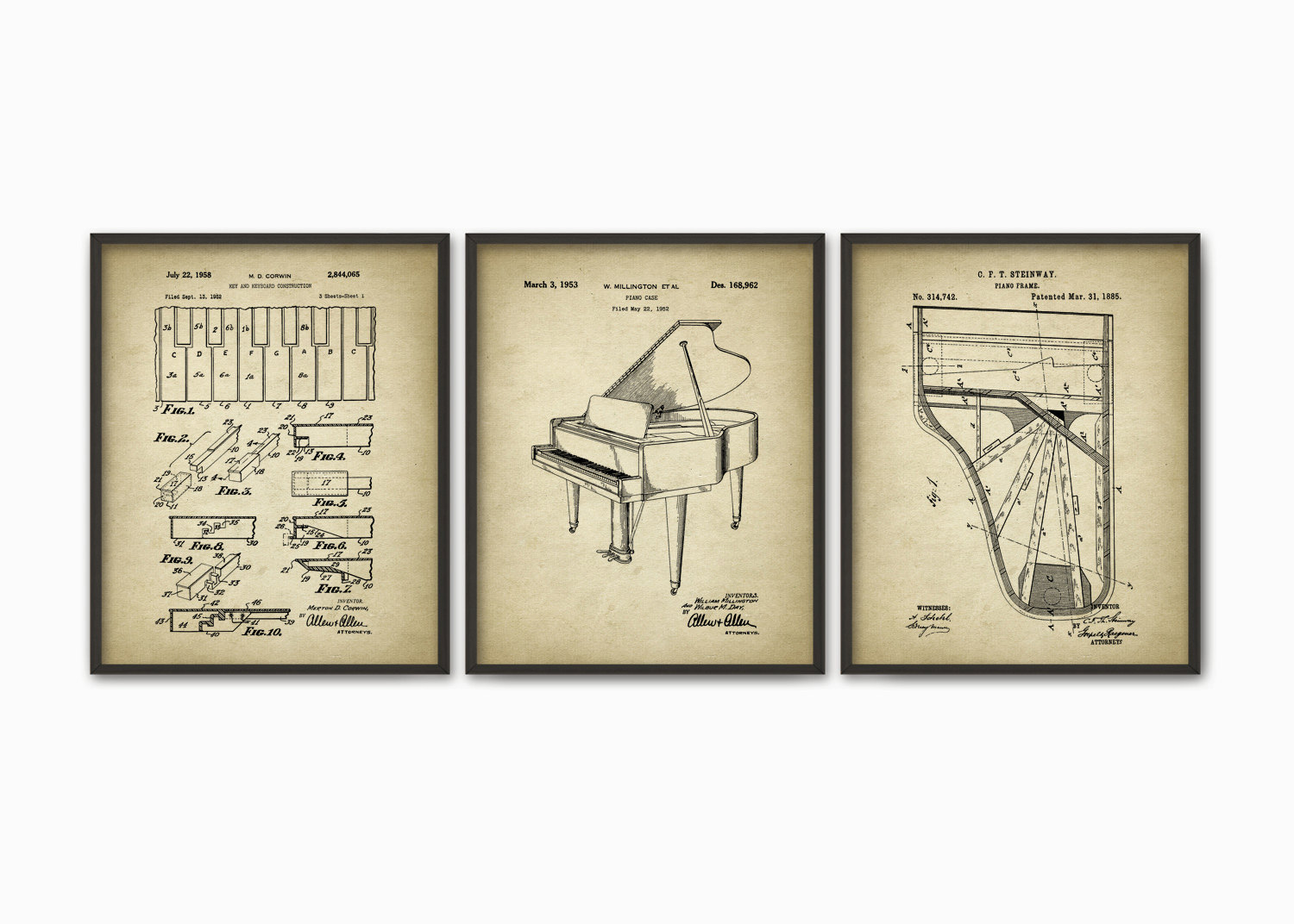 Piano Patent Print Set of 3 - Pianist Musician Wall Decor - Steinway ...