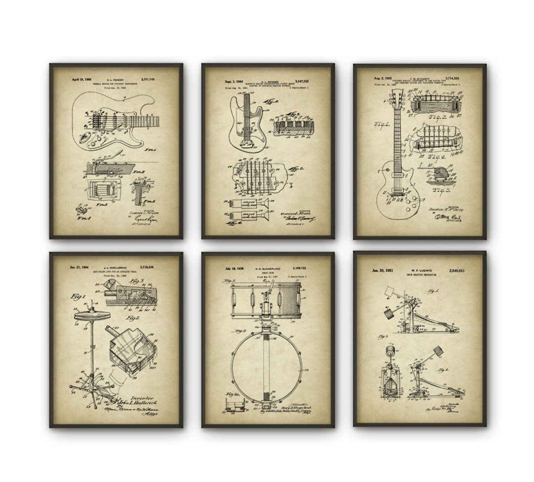 Rock Band Instruments Patent Print Set of 6 - Guitar and Drum Design ...