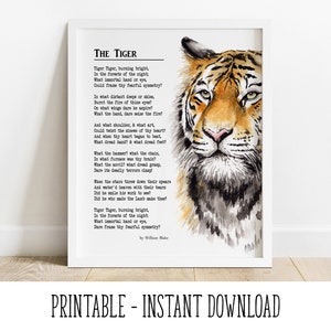 PRINTABLE Tiger Poem by William Blake, Printable Wall Art, Tyger Tyger ...