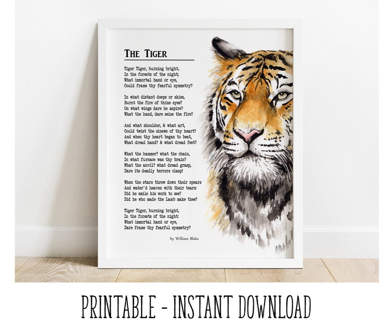 PRINTABLE Tiger Poem by William Blake, Printable Wall Art, Tyger Tyger ...