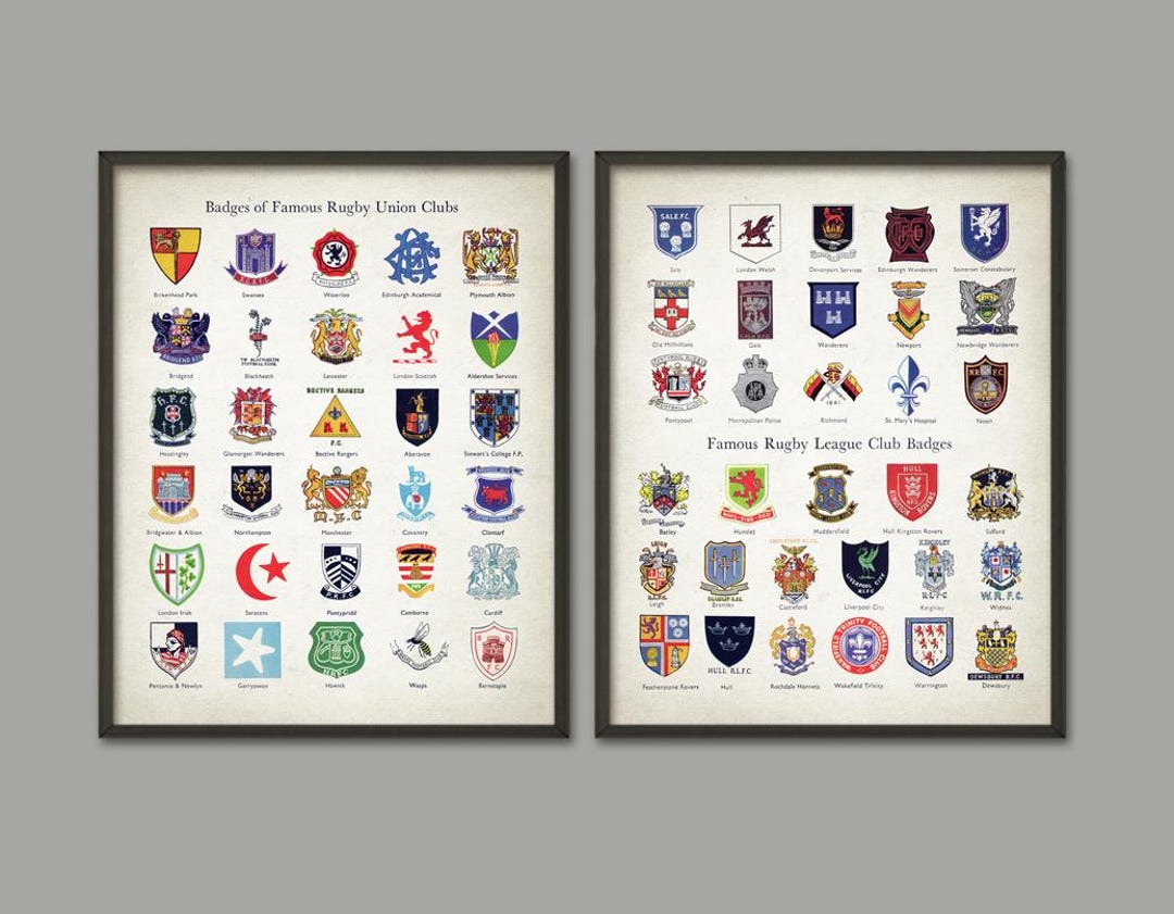 Rugby League and Union Club Badges Wall Art Set of 2, Vintage UK Rugby ...