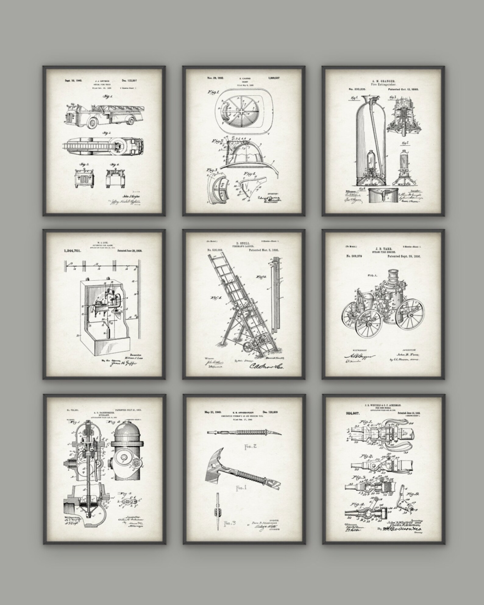 Firefighting Patent Prints Set of 9, Firefighter Gift Idea, Fire ...
