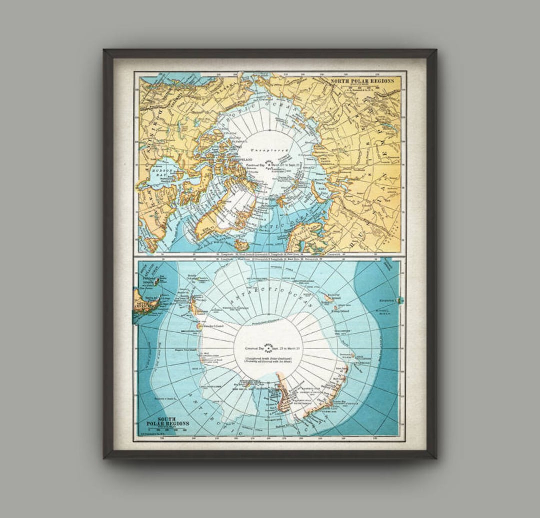 Polar Regions Map Print, North Pole, South Pole, Antarctica ...