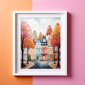 A Little Town in Autumn Print, Cute Little Houses and Autumnal Trees ...