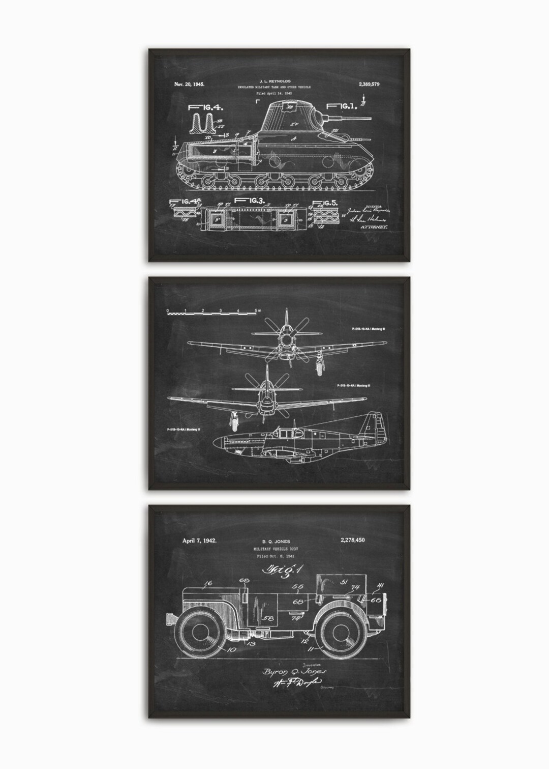 Military Patent Prints Set of 3 - Army Art Posters - 1945 Tank - P51 ...