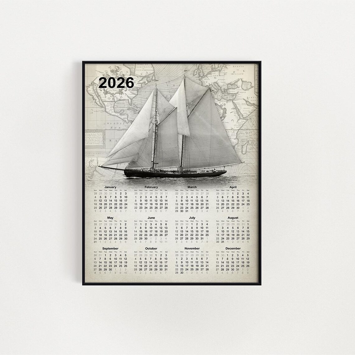 Sailboat Calendar 2026, Sailing Ship Wall Art Poster, Vintage Yacht on ...