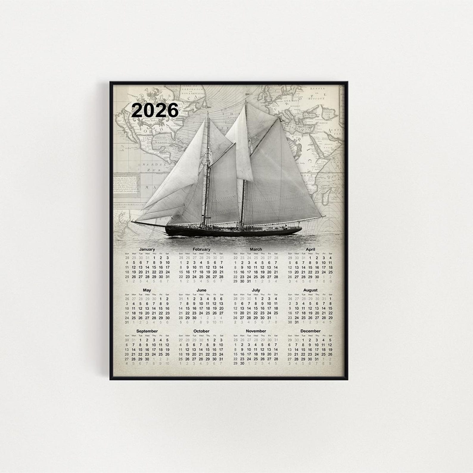 Sailboat Calendar 2026, Sailing Ship Wall Art Poster, Vintage Yacht on ...