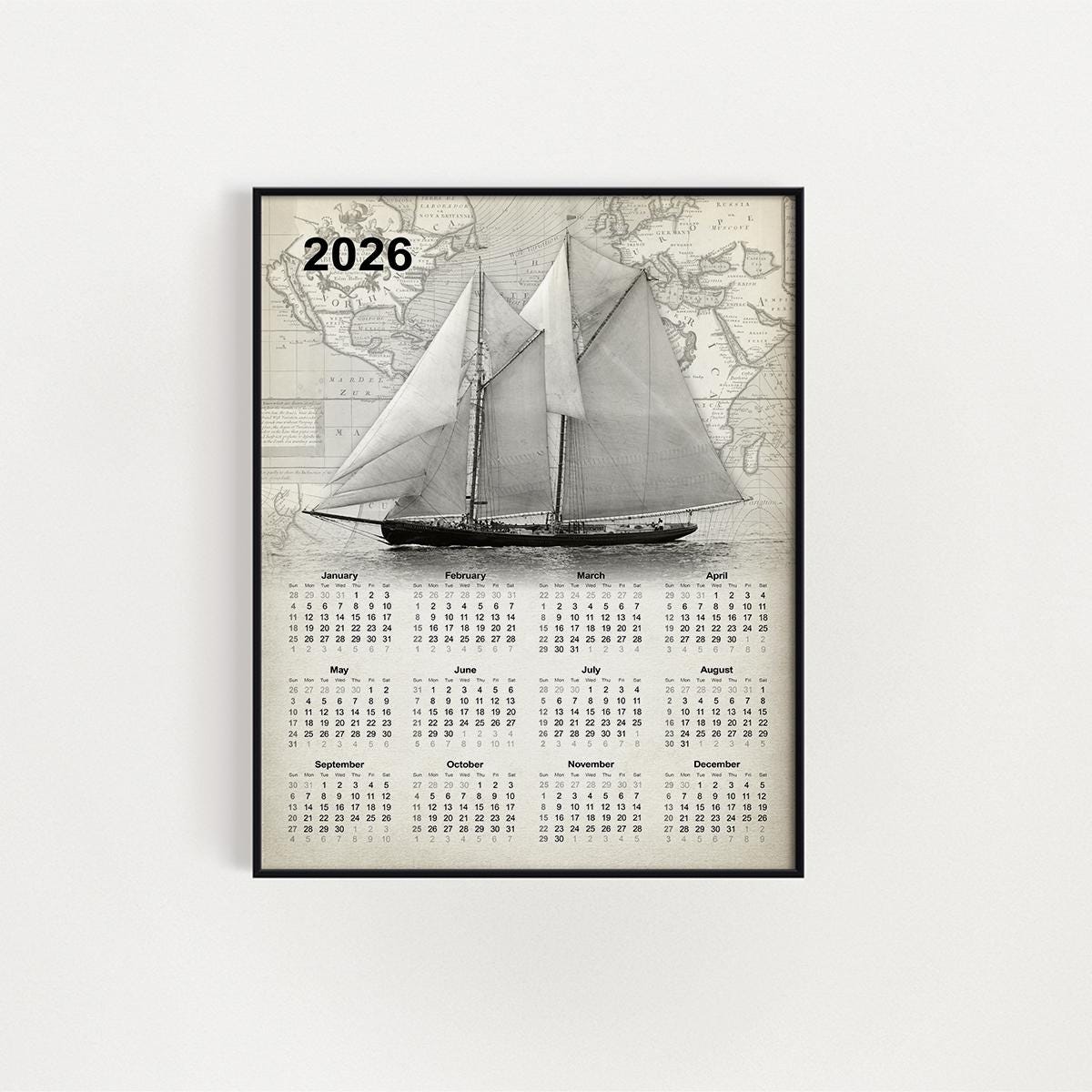 Sailboat Calendar 2026, Sailing Ship Wall Art Poster, Vintage Yacht on ...