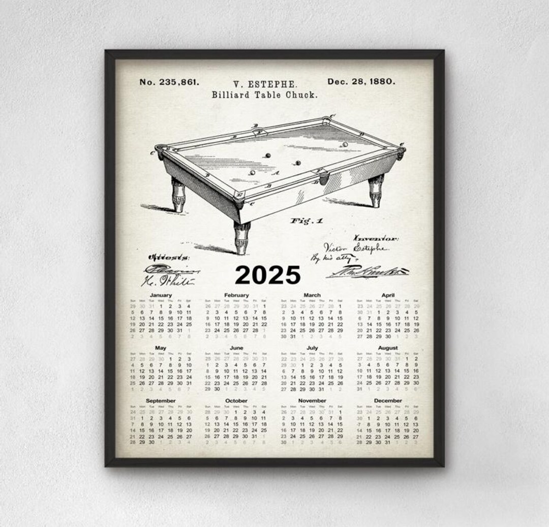 Billiards Table Patent Calendar 2025, Billiards Patent Wall Art Poster ...