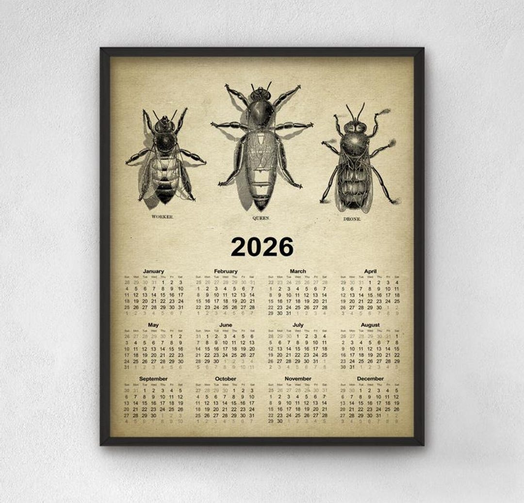 Honey Bee Calendar 2026 #2, Queen Bee Drone Worker Vintage Bee Calendar ...