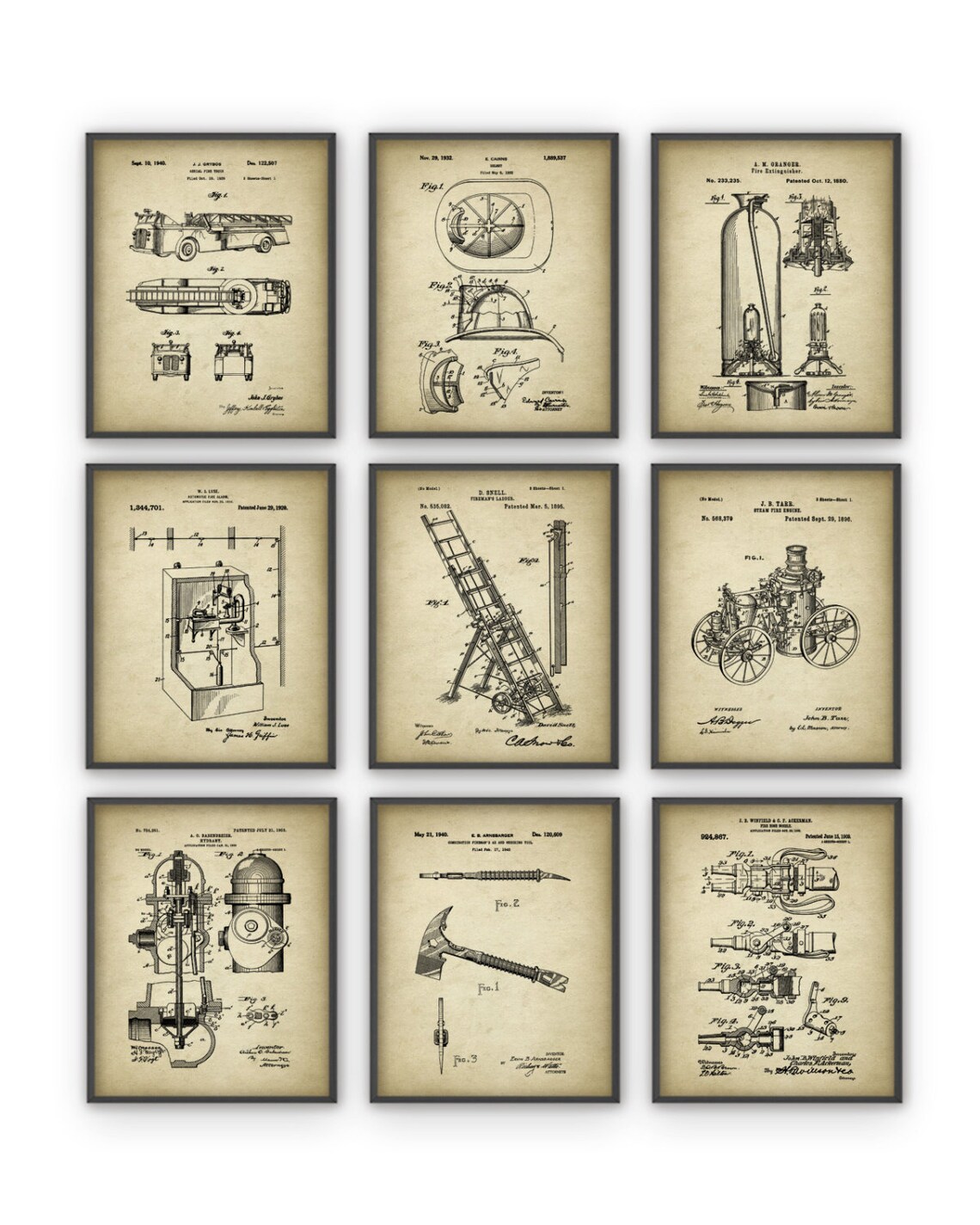 Firefighting Patent Prints Set of 9, Firefighter Gift Idea, Fire ...