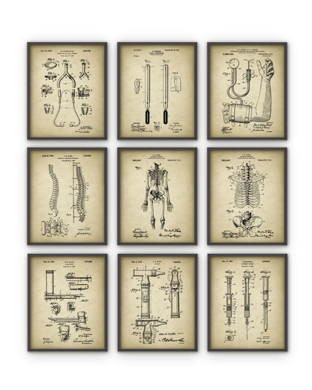 Doctor Patent Prints Set of 9 #2, Medical Equipment Design, Doctor Gift ...