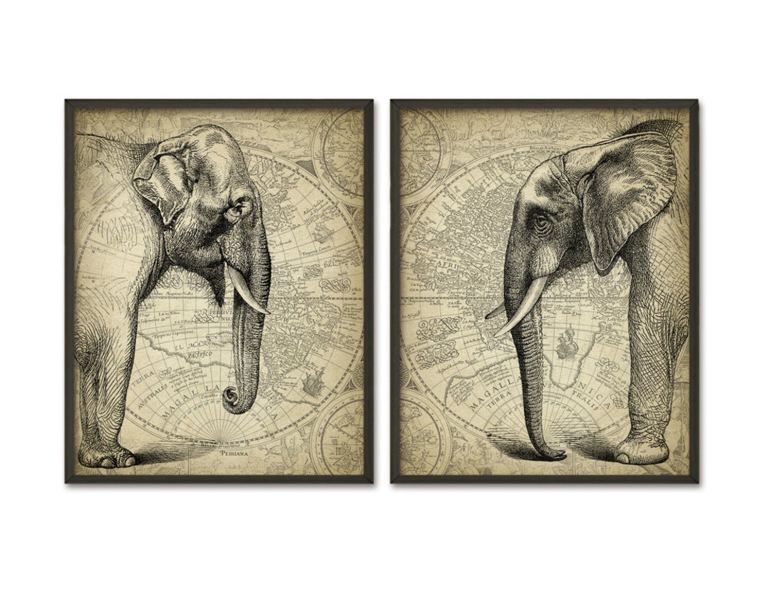 Elephant Wall Art Poster Set of 2 African and Indian Elephant Prints ...