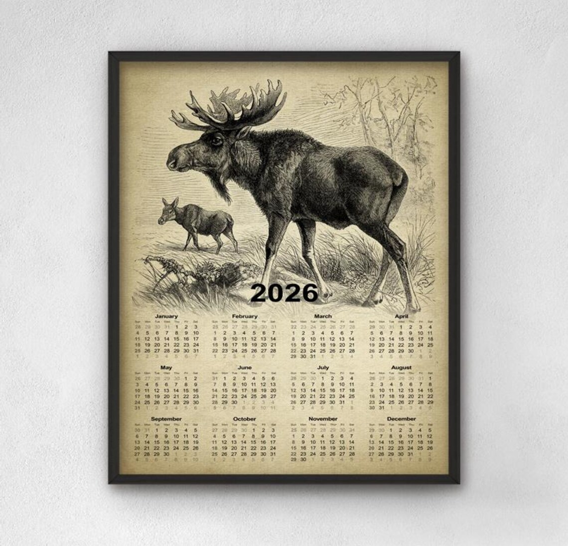 Moose Calendar 2026, Vintage Elk Illustration Poster, Alaska Canada ...
