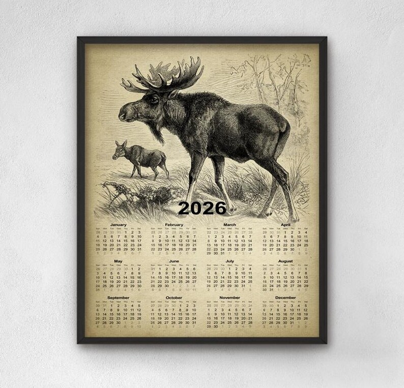 Moose Calendar 2026, Vintage Elk Illustration Poster, Alaska Canada ...