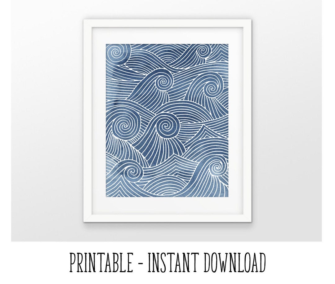PRINTABLE Ocean Waves Art Print, Watercolor Sailing Art, Blue Waves ...