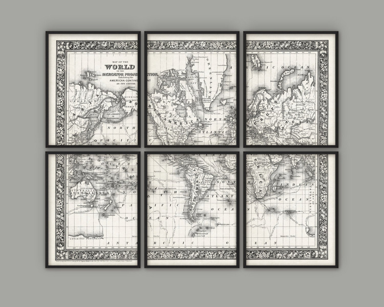 Vintage 1860 Large Map Of The World Set Of 6 Prints Vintage | Etsy