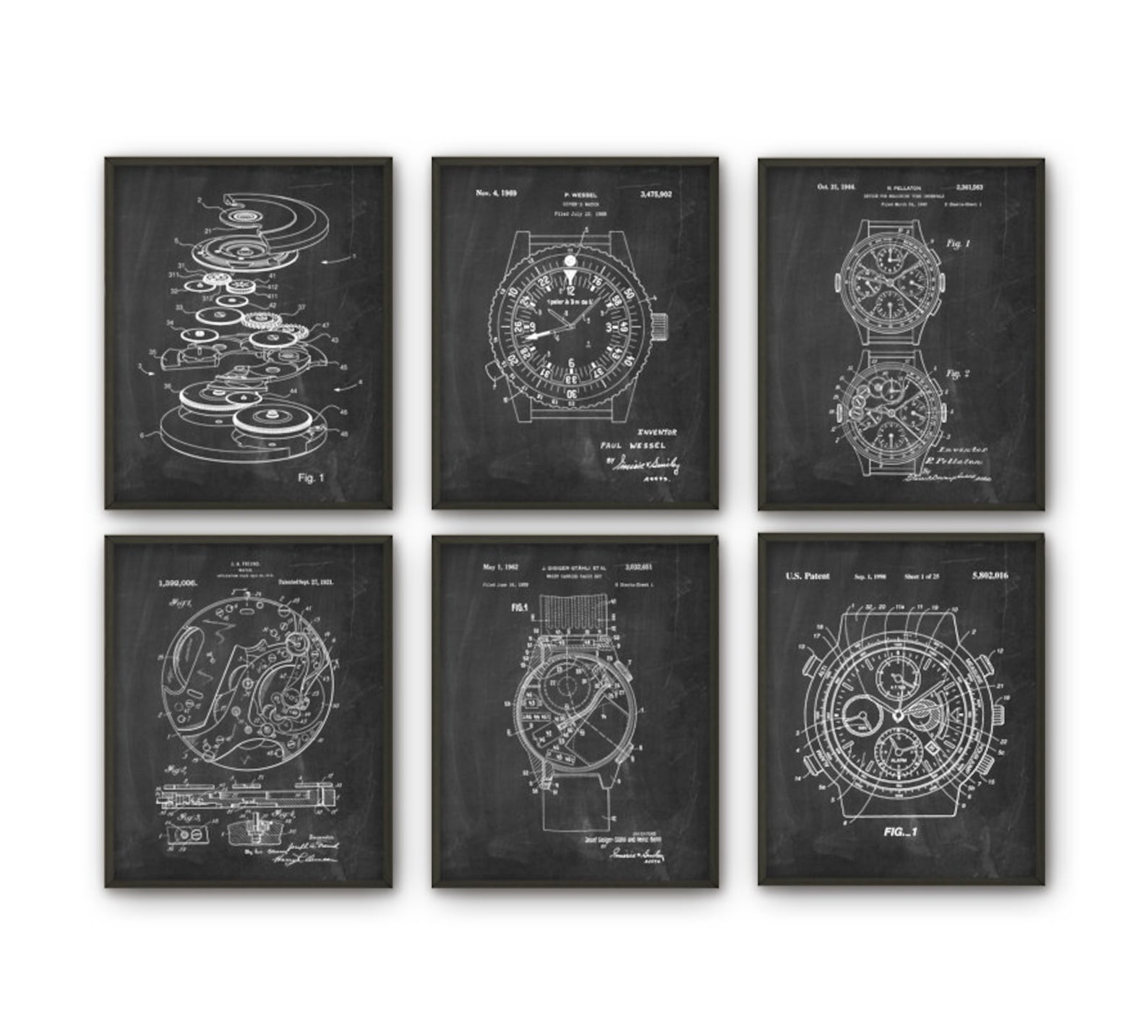 Watch Wall Art Set of 6 Prints, Watch Mechanism, Watch Schematic, Watch ...