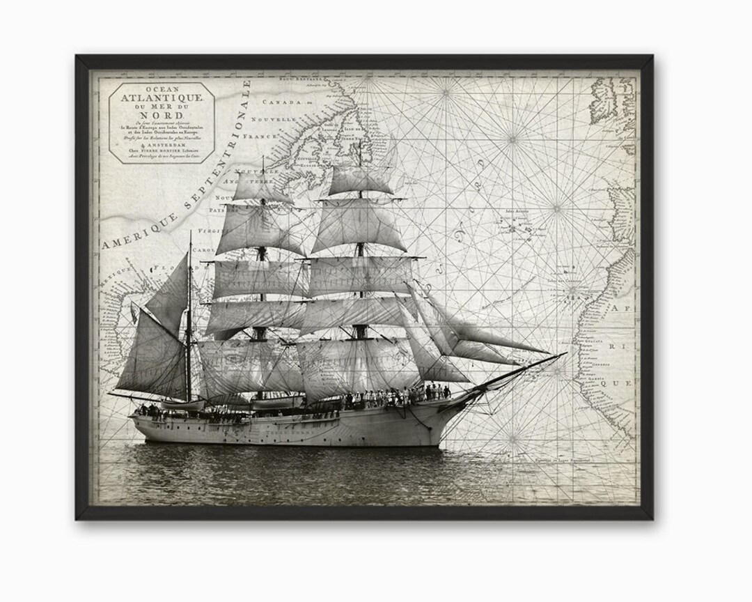 Sailing Ship on an Antique Atlantic Ocean Map Wall Art Print, Marine ...