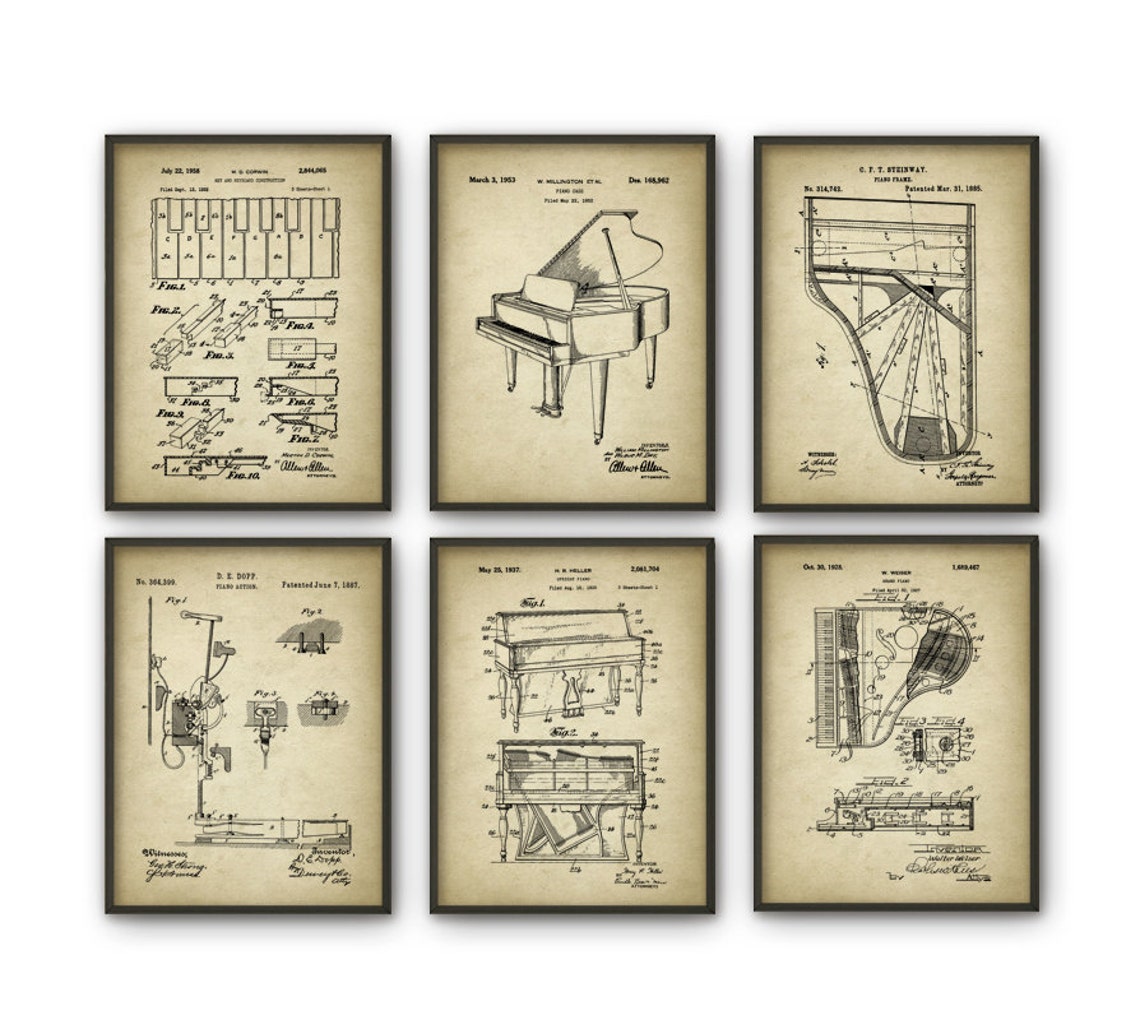 Piano Patent Print Set of 6 - Pianist Musician Wall Decor - Steinway ...