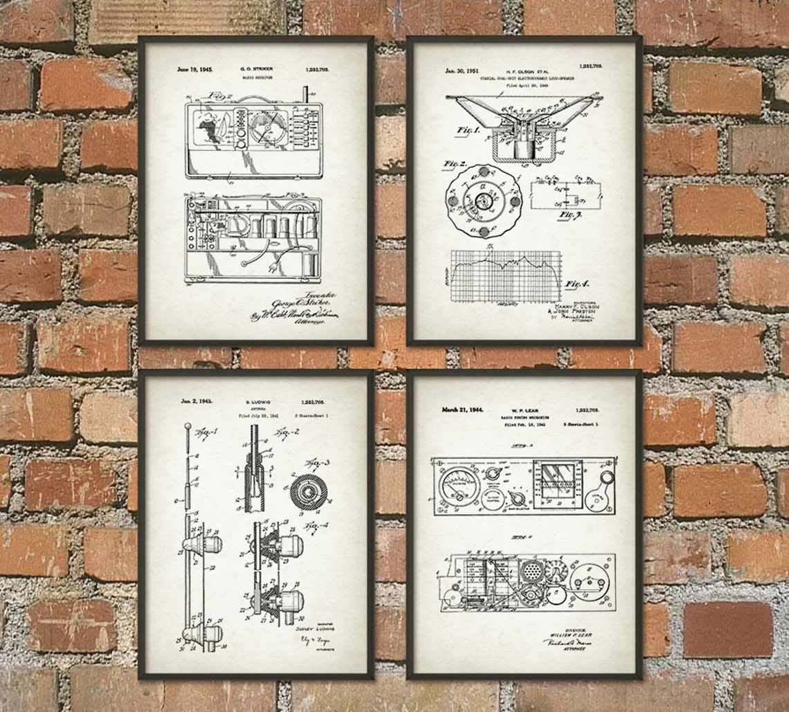 Radio Patent Prints Set of 4 - Engineering Patent - Lear Radio Receiver ...
