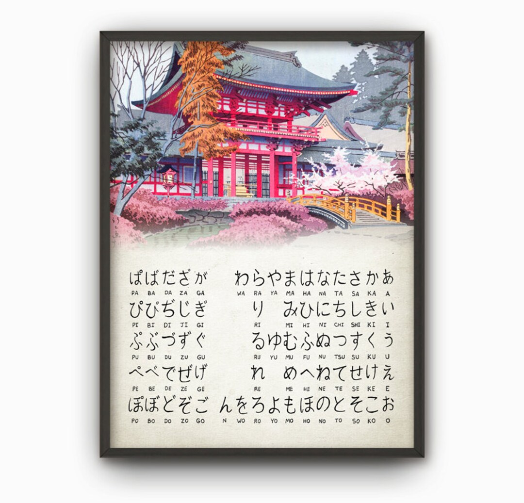Japanese Alphabet (hiragana Script) Wall Art Poster, Temple in Blossom ...