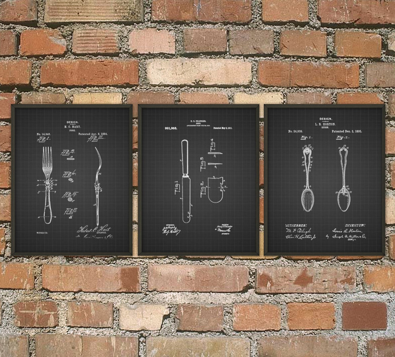 Fork, Knife and Spoon Patent Prints Set of 3 - Silverware Art - Home ...