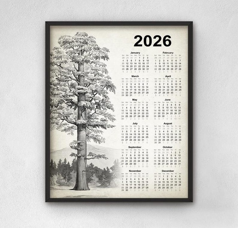 Giant Sequoia Tree Calendar 2026, Vintage Redwood Tree Art Calendar ...