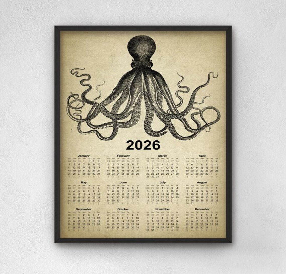 Octopus Calendar 2026, Vintage Octopus Wall Art, Rustic Bathroom Decor ...