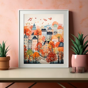 A Little Town in Autumn Print, Cute Little Houses and Autumnal Trees ...