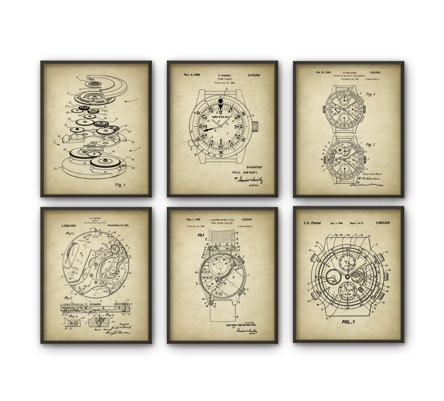 Watch Wall Art Set of 6 Prints, Watch Mechanism, Watch Schematic, Watch ...