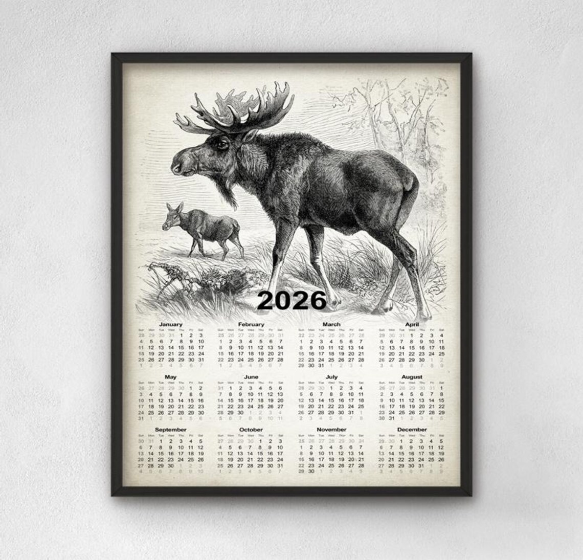 Moose Calendar 2026, Vintage Elk Illustration Poster, Alaska Canada ...