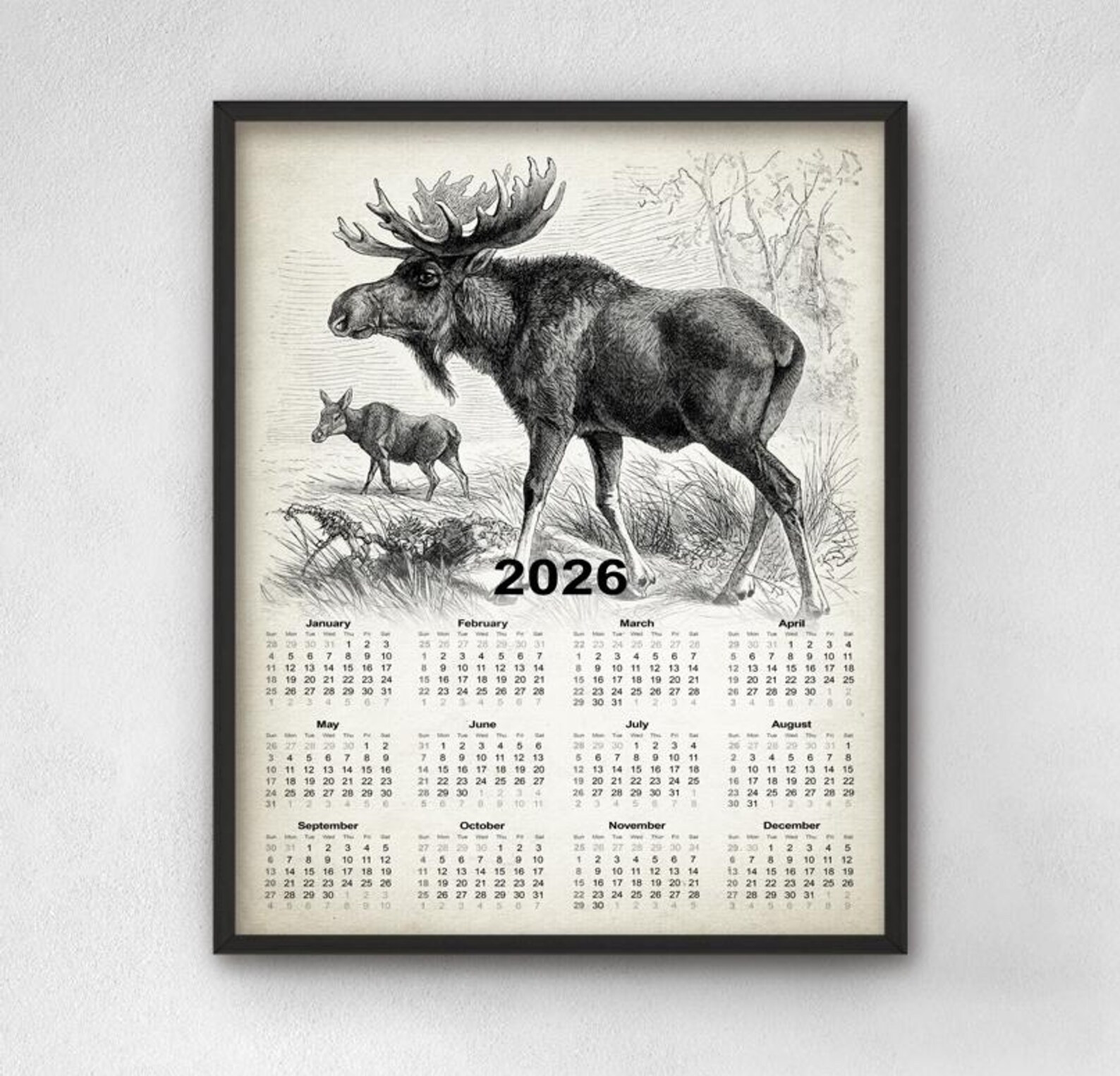Moose Calendar 2026, Vintage Elk Illustration Poster, Alaska Canada ...