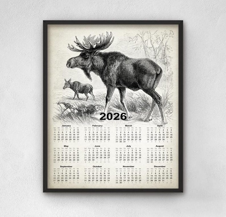 Moose Calendar 2026, Vintage Elk Illustration Poster, Alaska Canada ...