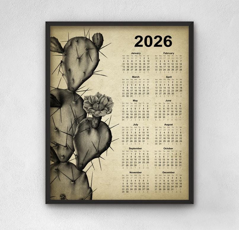 Cactus Calendar 2026, Vintage Cactus Plant Wall Art, Botanical Poster ...