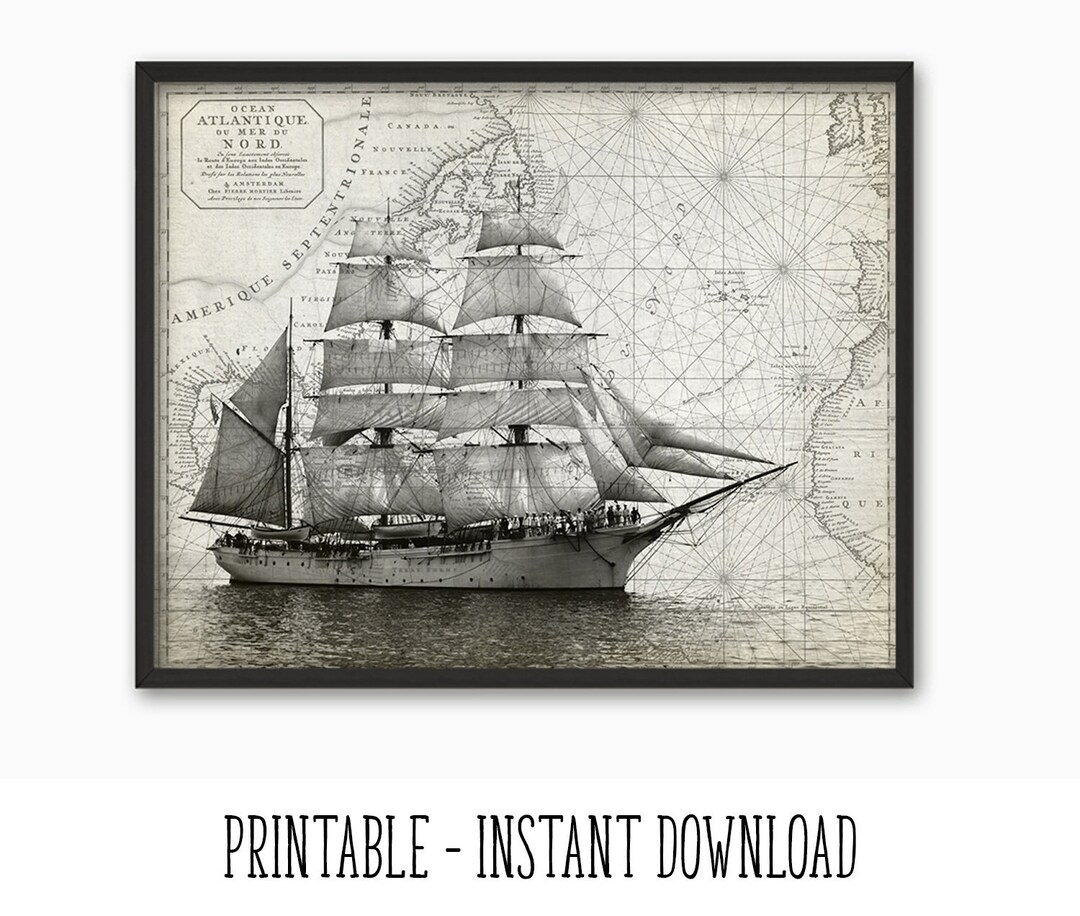 PRINTABLE Sailing Wall Art Ship on Map Bathroom Art - Etsy