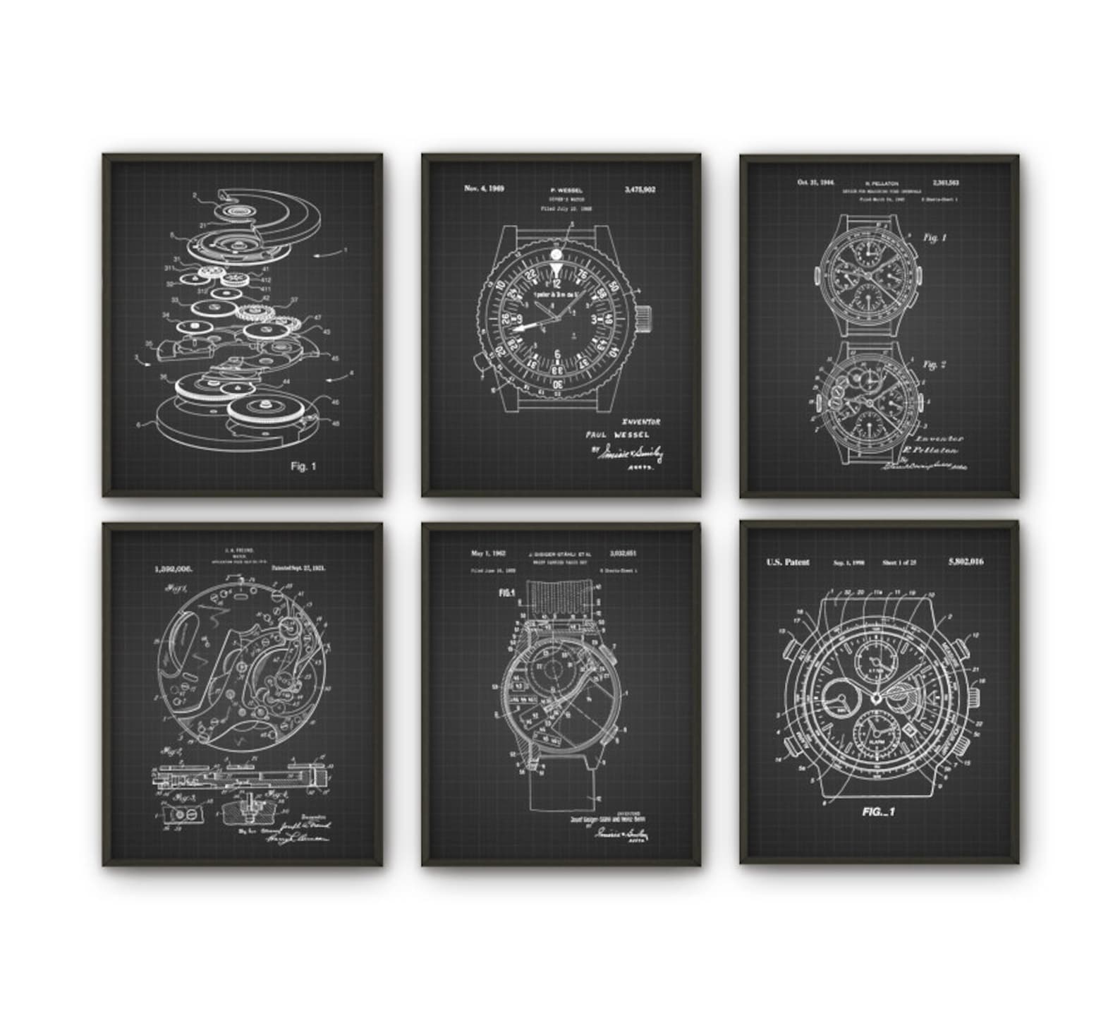 Watch Wall Art Set of 6 Prints, Watch Mechanism, Watch Schematic, Watch ...