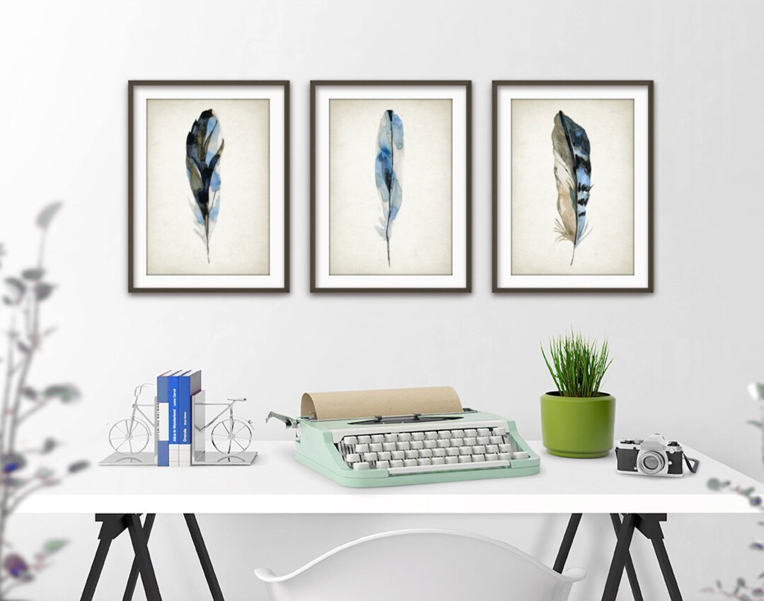 Blue Feather Print Set of 3, Watercolor Feathers Wall Art Prints ...
