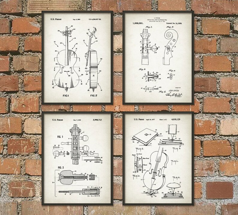 Cello Patent Prints Set of 4 - Violoncello Musician Wall Art Poster ...