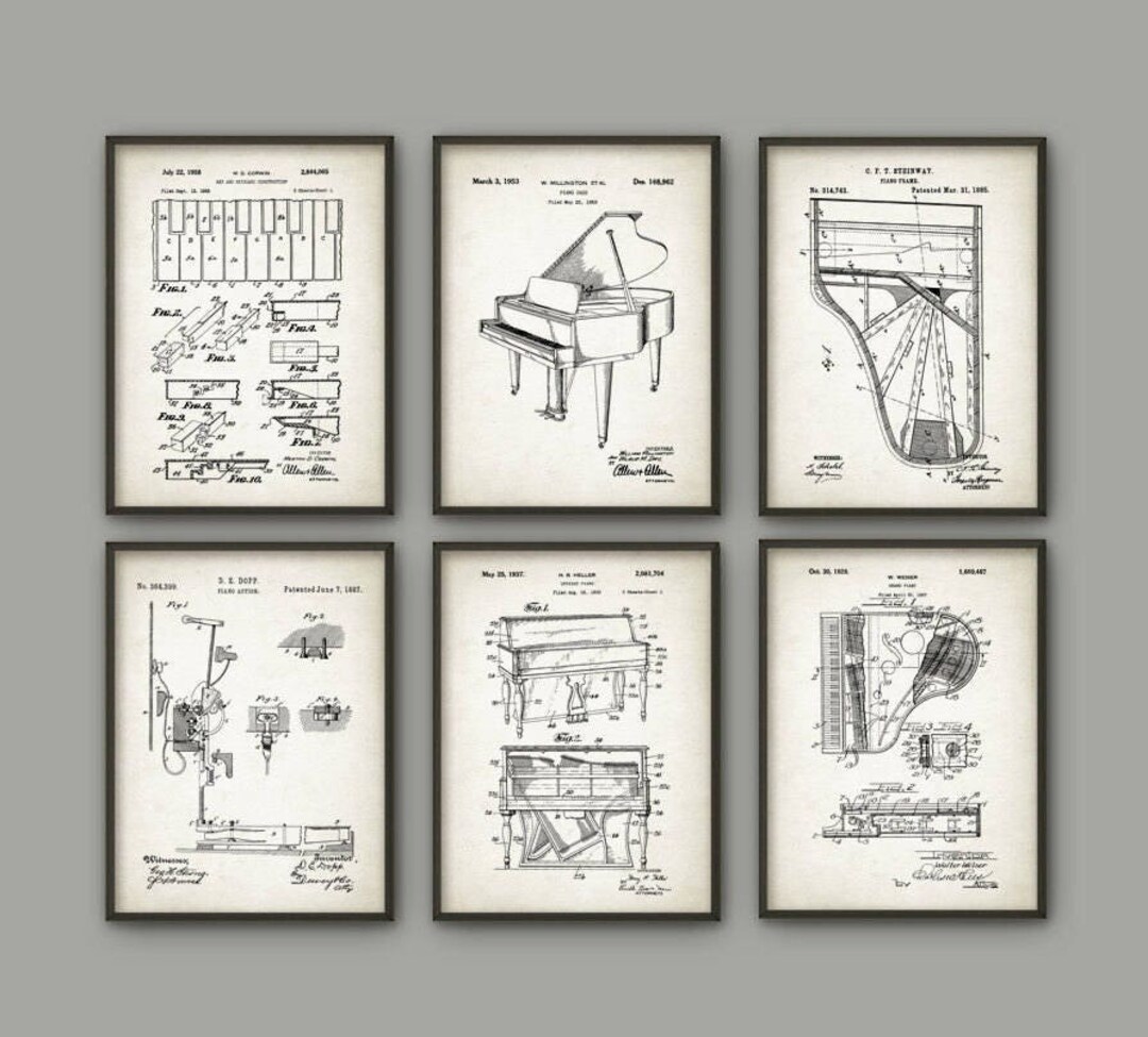 Piano Patent Print Set of 6 - Pianist Musician Wall Decor - Steinway ...