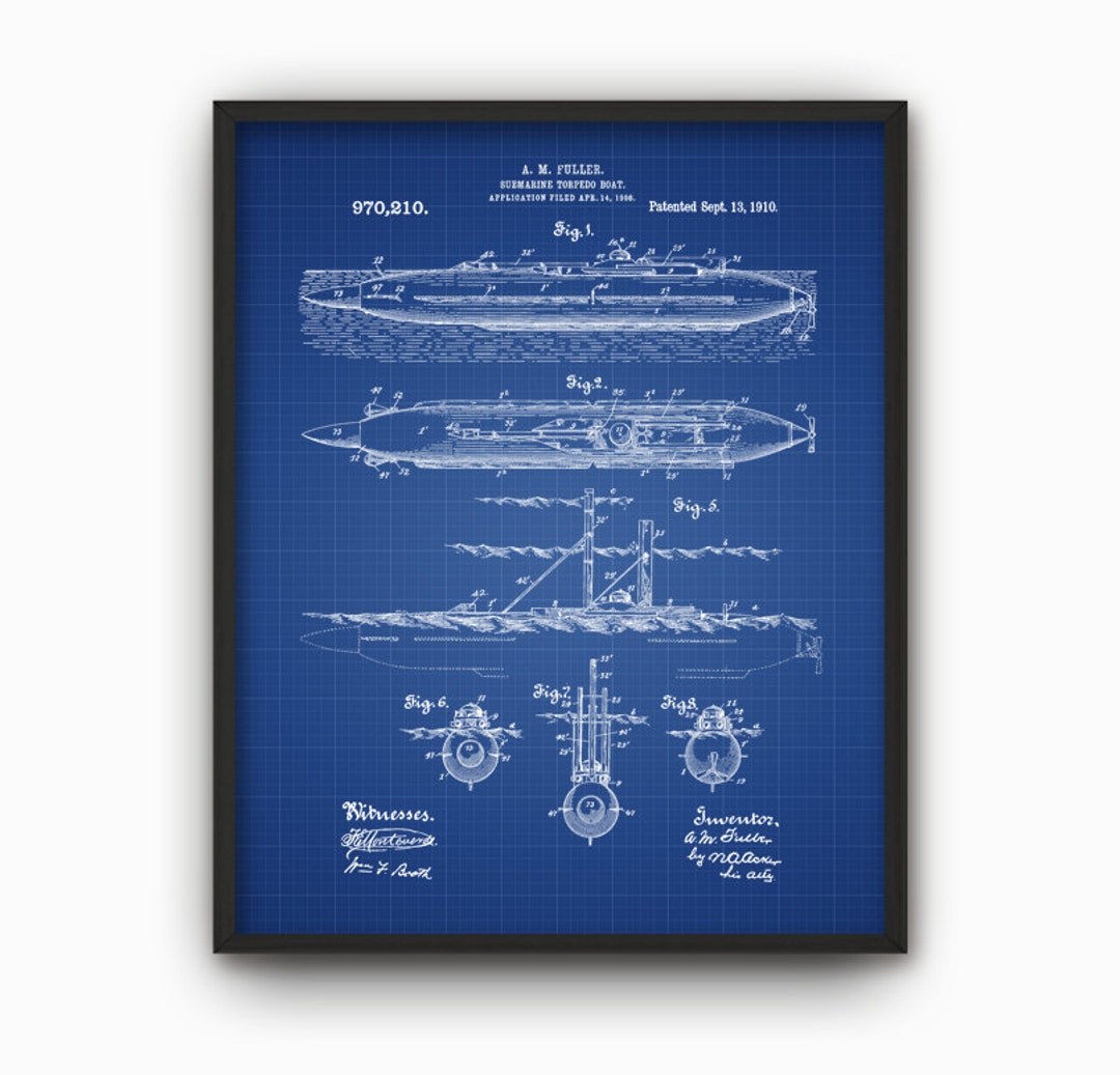 Submarine Patent Print - 1910 Submarine Torpedo Boat Design - Navy ...
