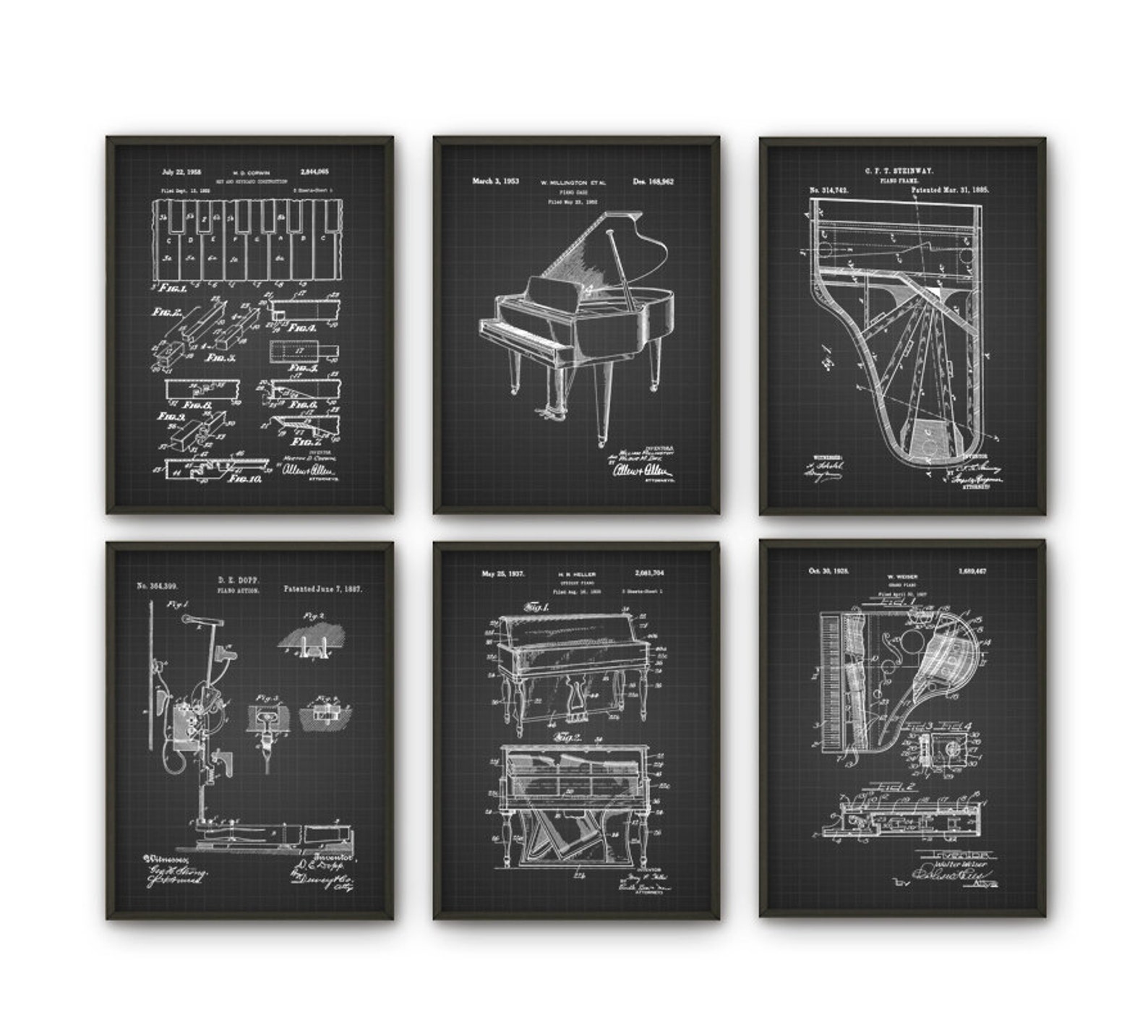Piano Patent Print Set of 6 - Pianist Musician Wall Decor - Steinway ...