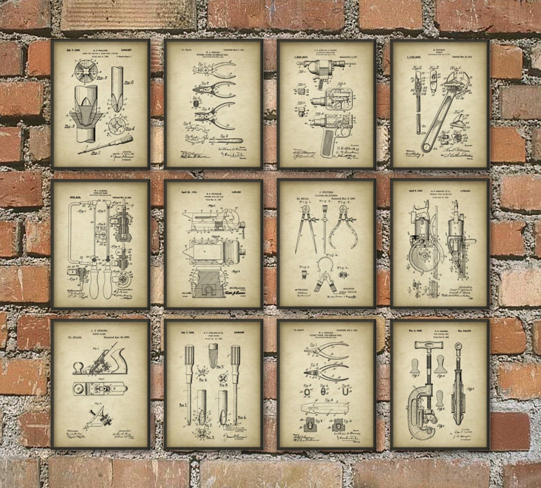 Tools Patent Print Set of 12 - DIY Tool Posters Mancave Garage Gift ...