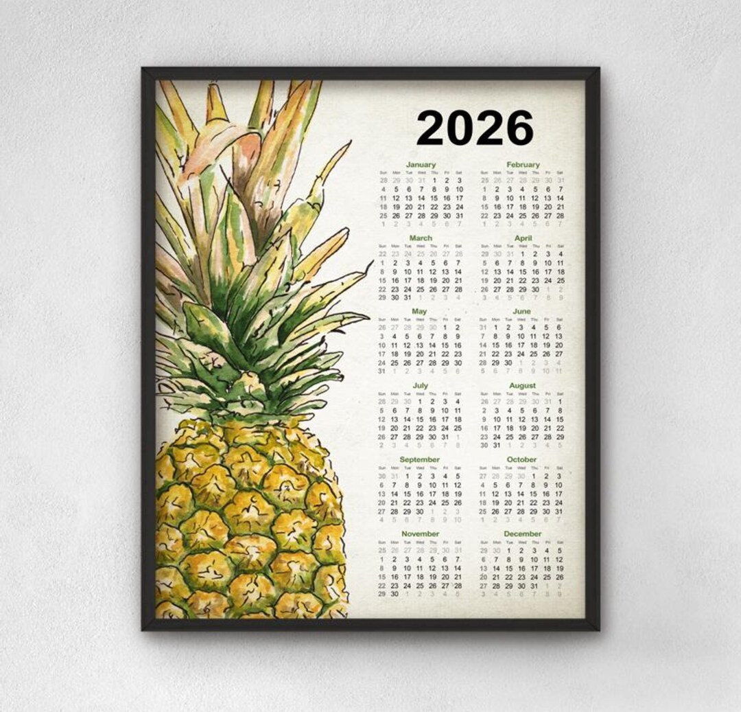 Pineapple Calendar 2026 #2, Watercolor Pineapple Painting, Tropical ...