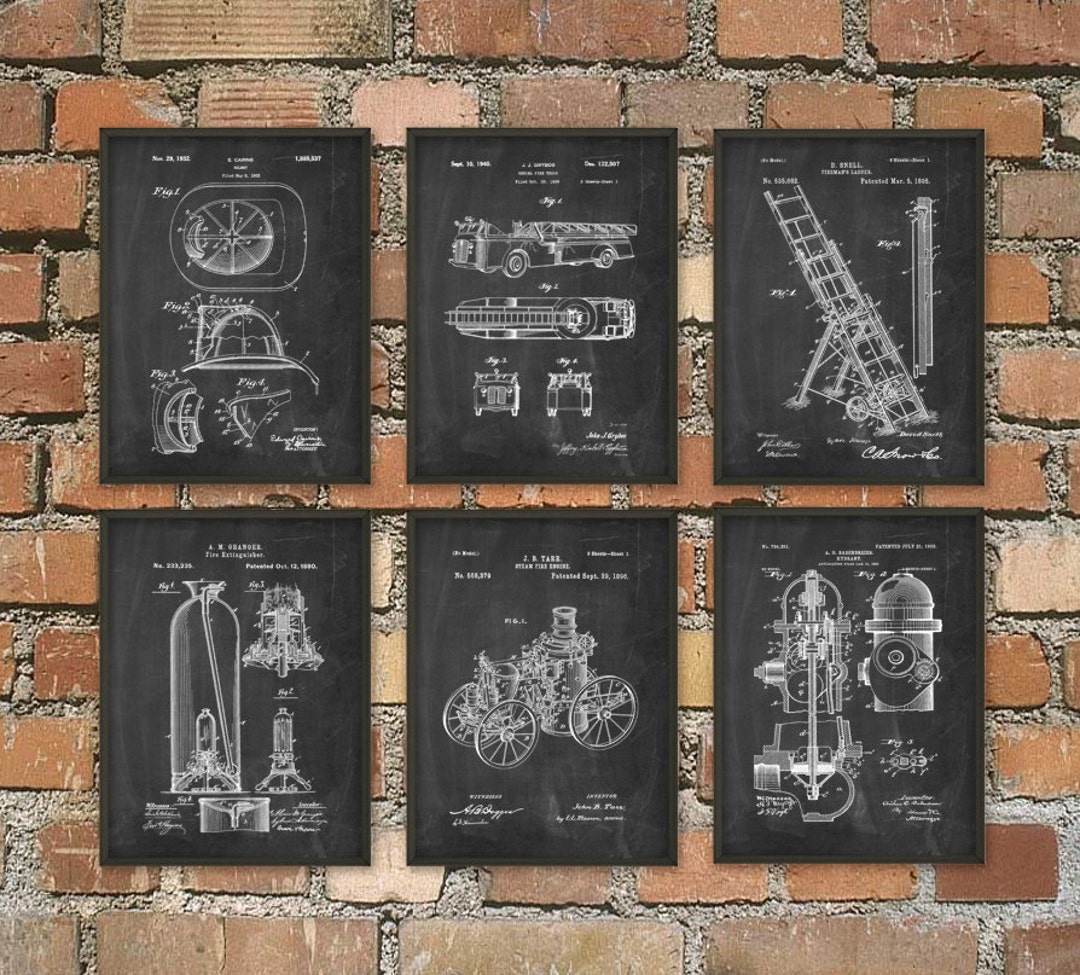 Firefighting Patent Prints Set of 6 - Firefighter Art Posters - Fireman ...