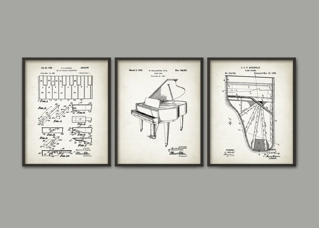 Piano Patent Print Set of 3 - Pianist Musician Wall Decor - Steinway ...